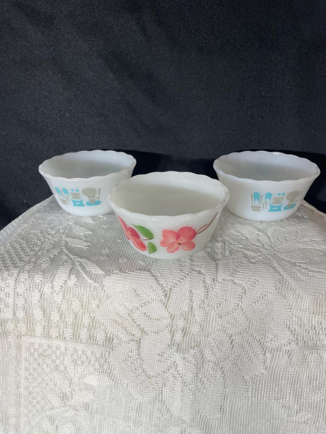 Vintage Fire King Blue Heaven Milk Glass and Peach Blossom Hand Painted ...