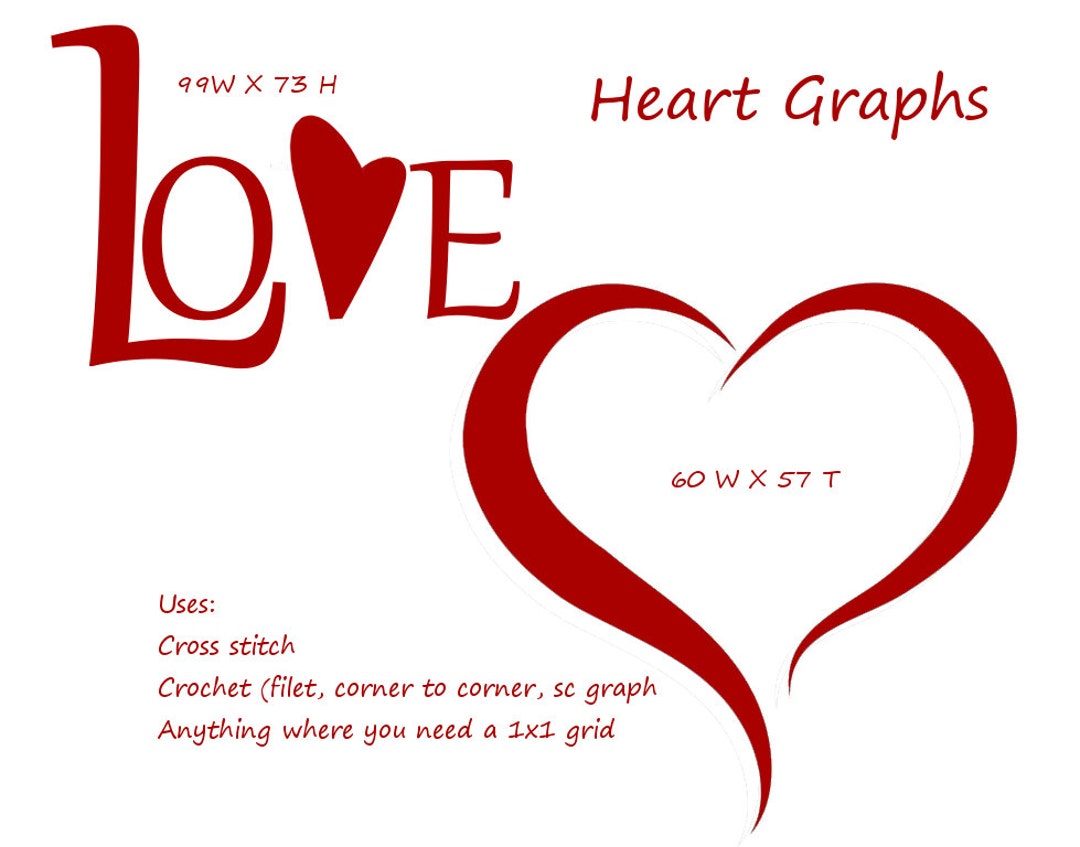 2 Love Heart Graphs for Crochet, Cross Stitch, Plastic Canvas, Filet ...