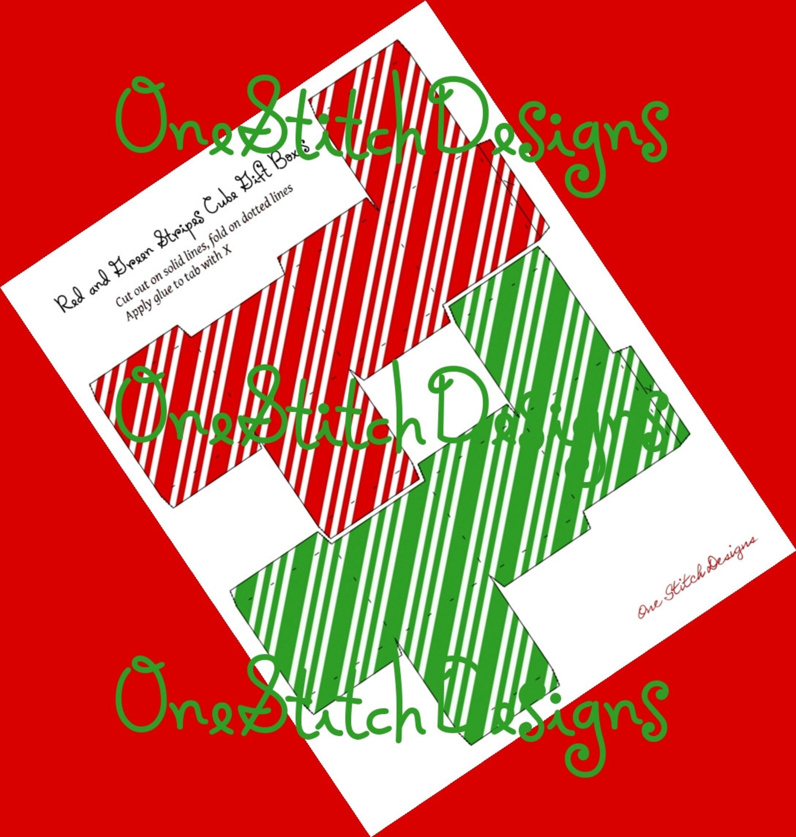 Red and Green Stripes Gift Box Printable Cube Favor Boxes Green ...