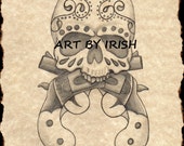 Items similar to B&W or aged Sugar Skull -n- Guns 8 1/2" x 11" print ...