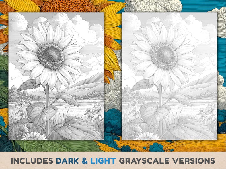 Sunflower Coloring Page Printable | Grayscale Field and Nature Art for ...