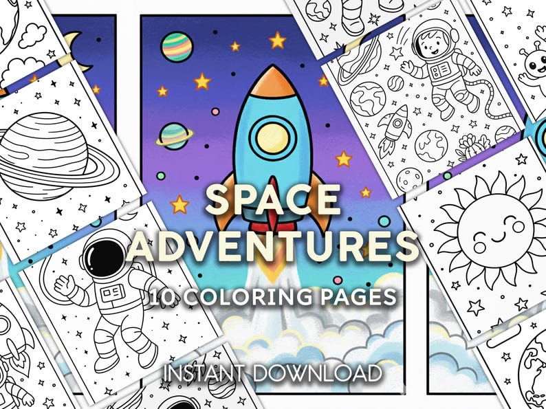 Space Adventures Coloring Pages | Cute Planets, Astronauts & Rockets ...