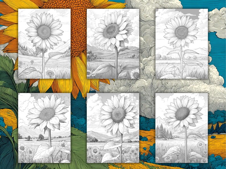 Sunflower Coloring Page Printable | Grayscale Field and Nature Art for ...
