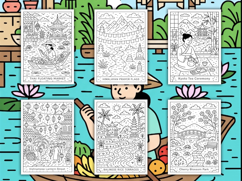 Asian Harmony Coloring Pages | Peaceful Gardens, Temples & Floating ...