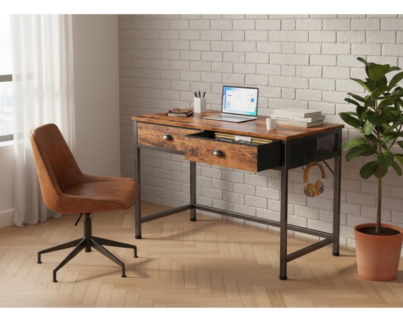 Small Black Computer Desk, Fabric Drawers & Hooks, 40-inch - Etsy