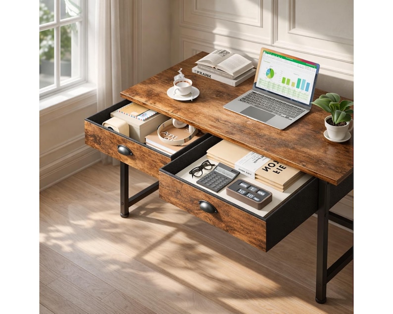 Small Black Computer Desk, Fabric Drawers & Hooks, 40-inch - Etsy