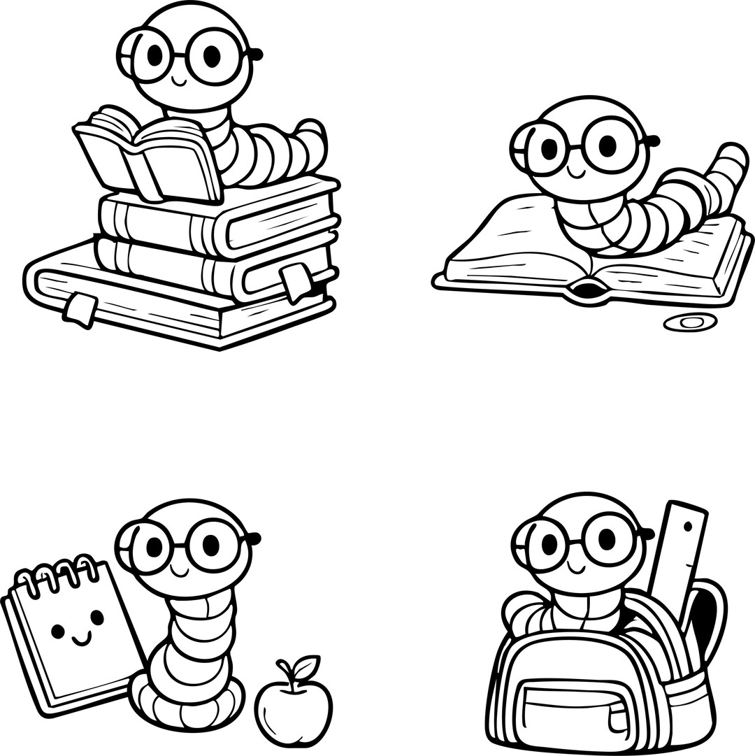 Bookworm Poses Sheet (4 Designs) PNG SVG | School Bookmark Line Art ...