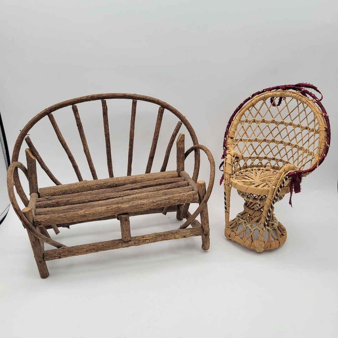 Vintage Wicker Rattan Peacock Fan Back Chair & Wooden Bench Doll Plant ... Vintage Wicker Rattan Peacock Fan Back Chair & Wooden Bench Doll Plant ...
