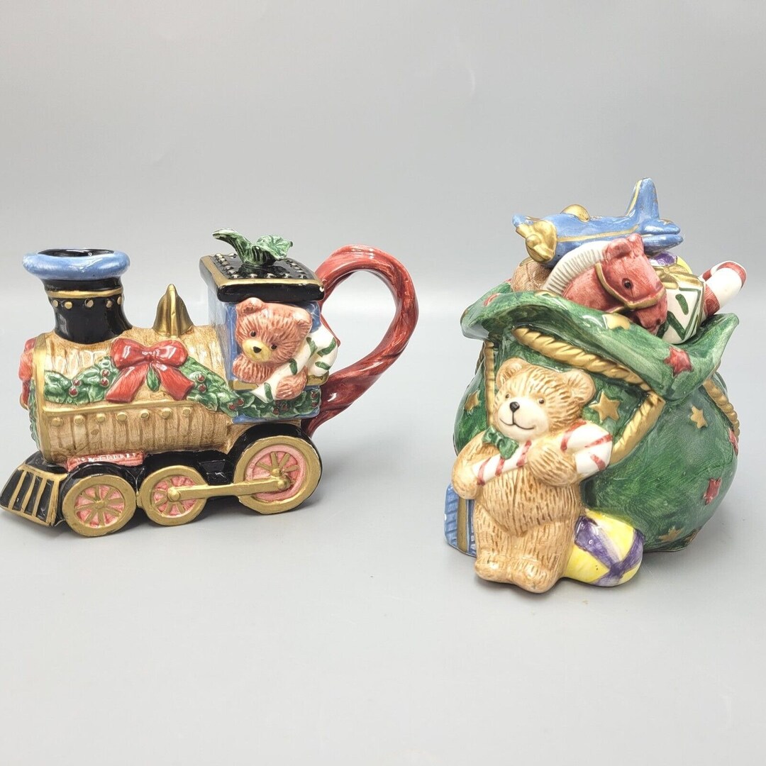 Fitz & Floyd Christmas Train Creamer Set 1994 Vintage Ceramic Santa's ...