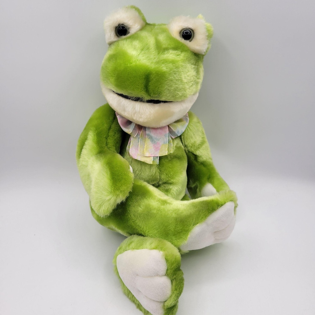 Vintage Green Frog Plush Toy With Pastel Bow Tie 14 Soft Stuffed Animal ...