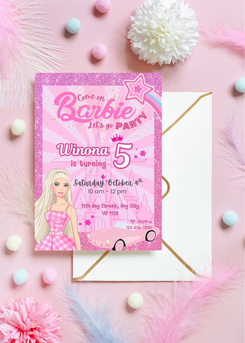 Editable BARBIE Birthday Invitation Digital Download Glamourous Theme ...