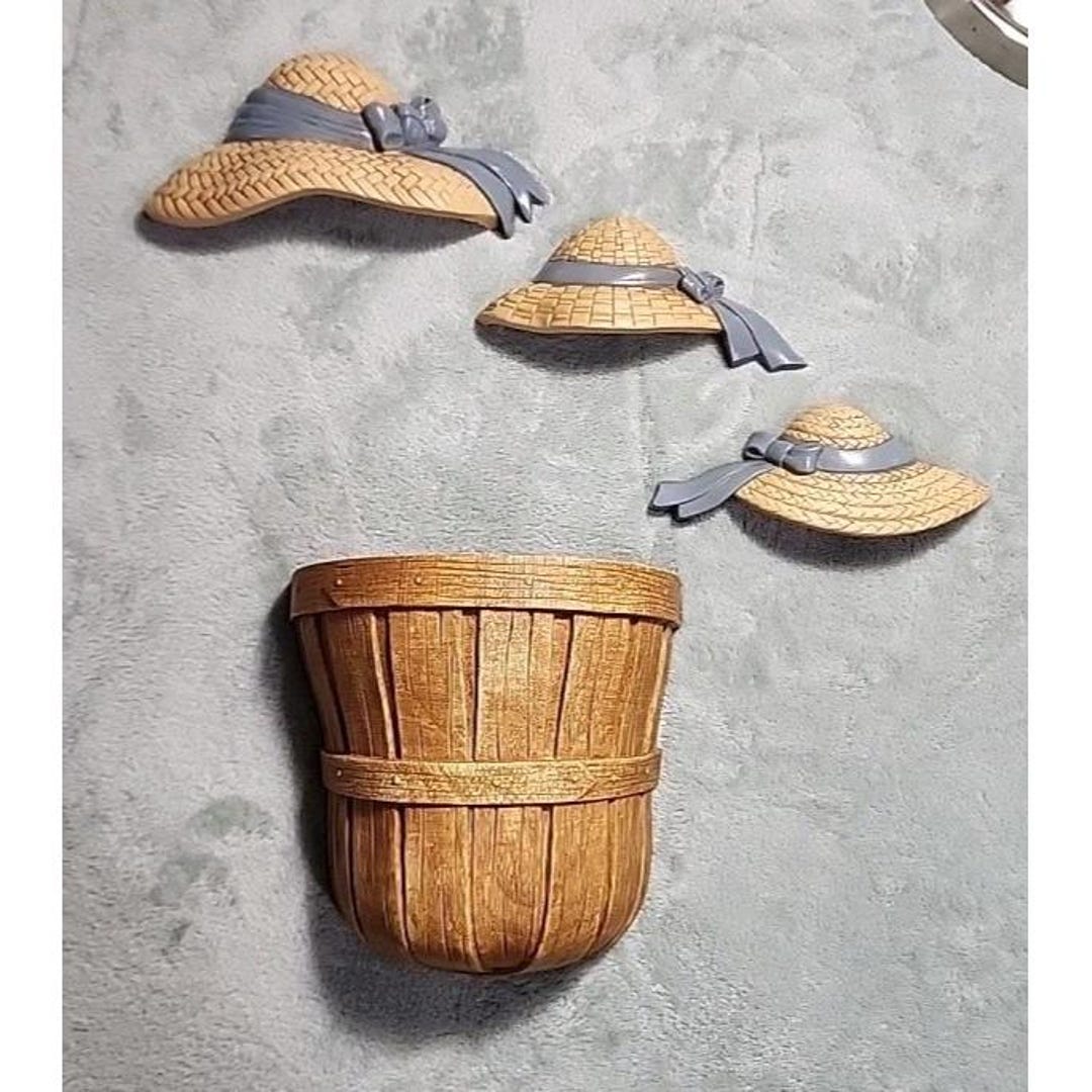 Straw Hats Blue Bows Plaques Basket Wall Hanging Decor Burwood Vtg Set ...