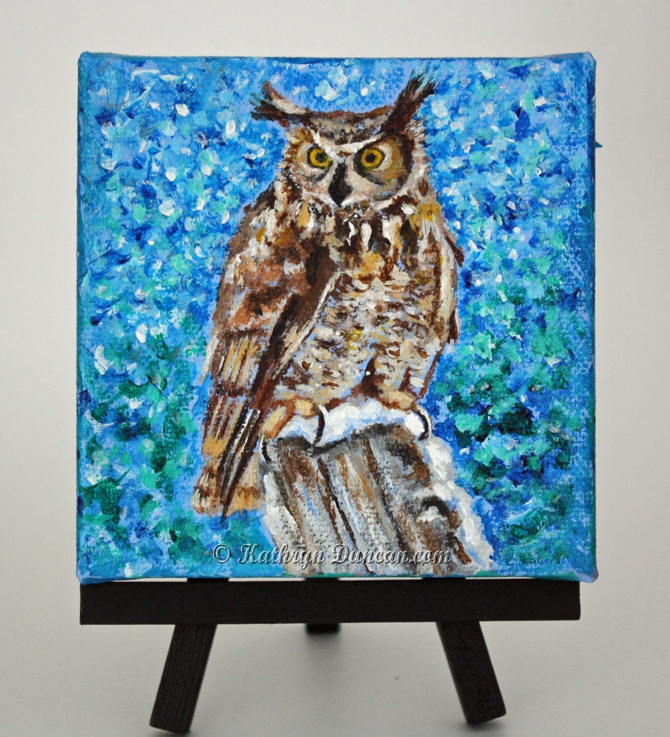Owl Original Acrylic Painting, 4x4 Canvas, Great Horned Owl Painting ...