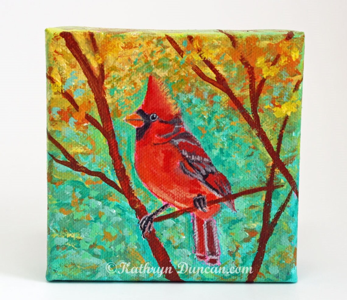Red Cardinal Original Acrylic Painting 4x4x1.5 Canvas - Etsy