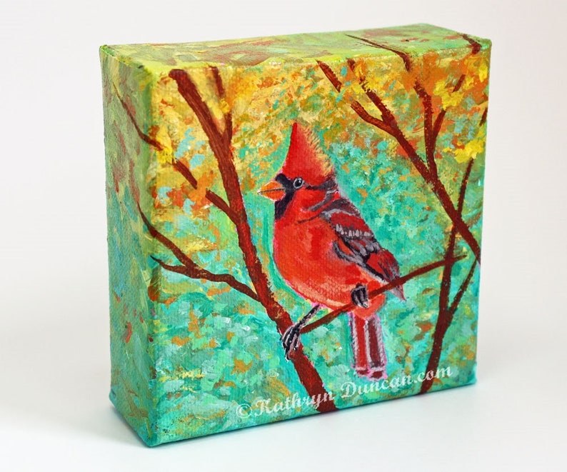 Red Cardinal Original Acrylic Painting 4x4x1.5 Canvas - Etsy