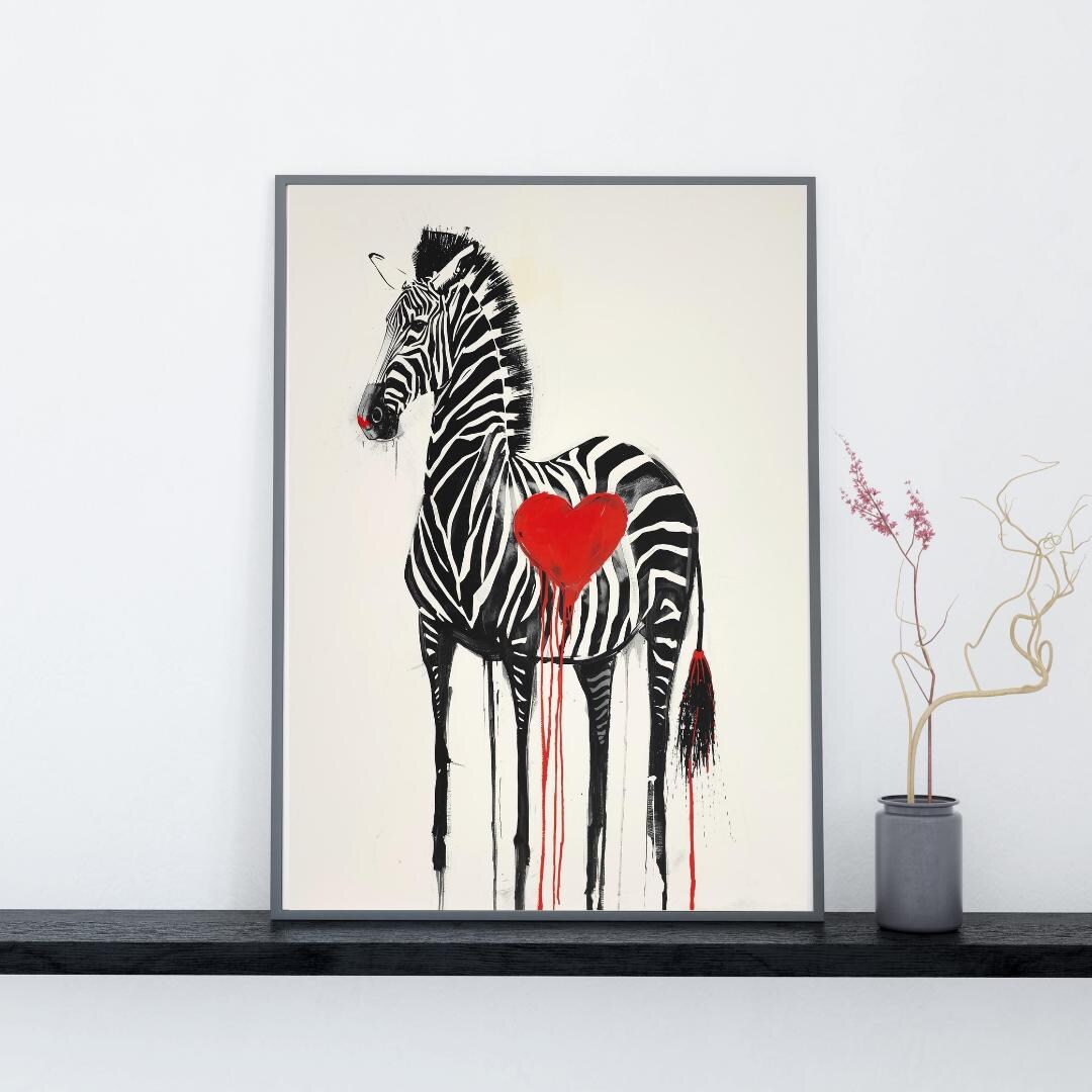 Zebra Wall Art: Abstract Animal Print With Red Heart (digital Download ...