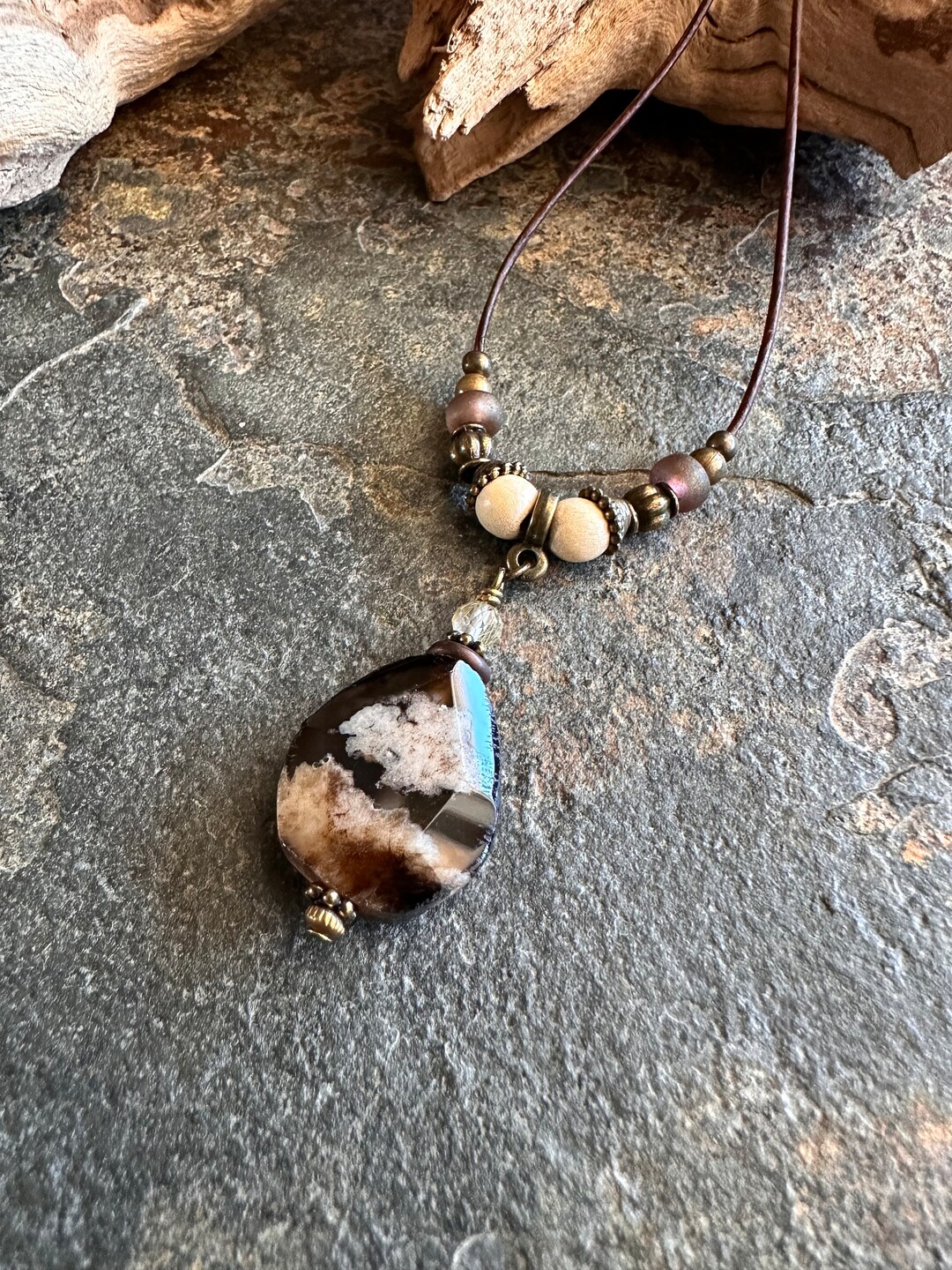 Cherry Blossom Agate, Gemstone Necklace, Boho Necklace, Leather ...