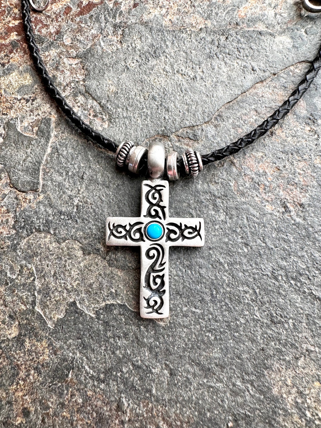 Mens Braided Leather Necklace, Cross Necklace, Mens Beaded Necklace ...