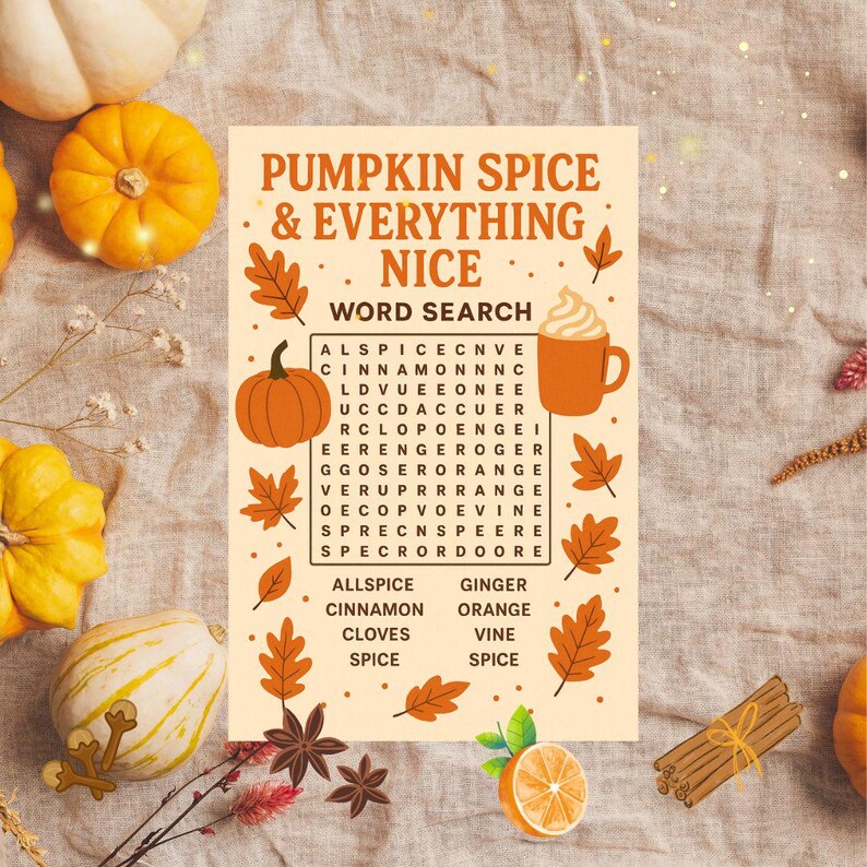 Pumpkin Spice Word Search: Fall Printable Puzzle (instant Download) - Etsy