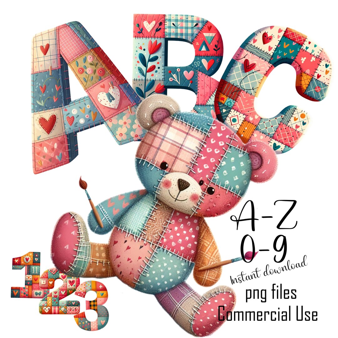 Patchwork Alphabet Clipart | A-Z, 0-9 PNG Set + 6 Characters ...