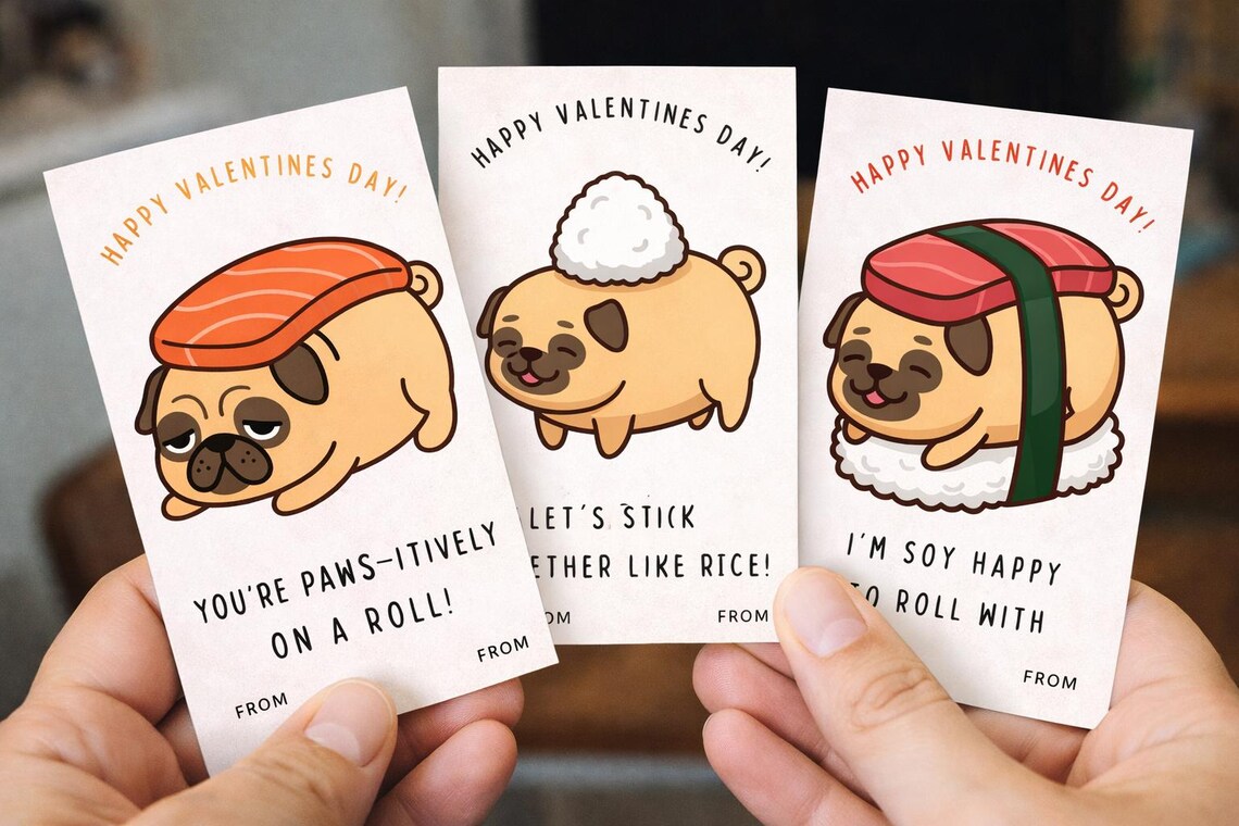 Sushi Pug Valentine Cards Printable | Funny Dog Valentines | Classroom ...