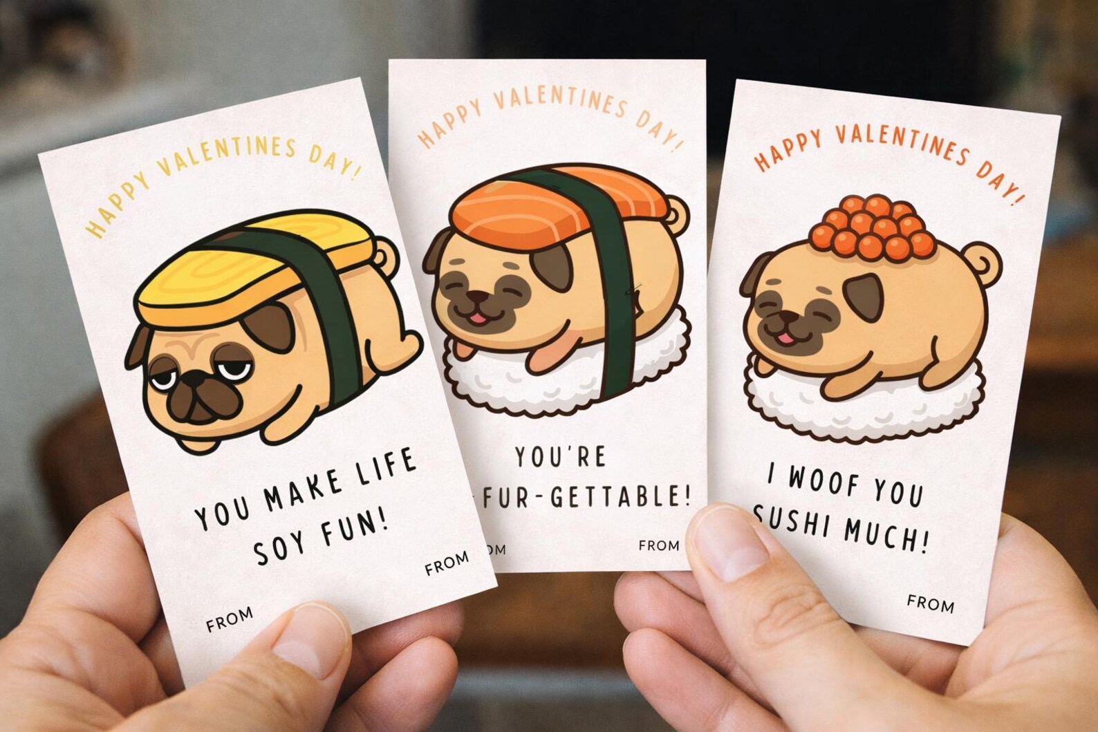 Sushi Pug Valentine Cards Printable | Funny Dog Valentines | Classroom ...