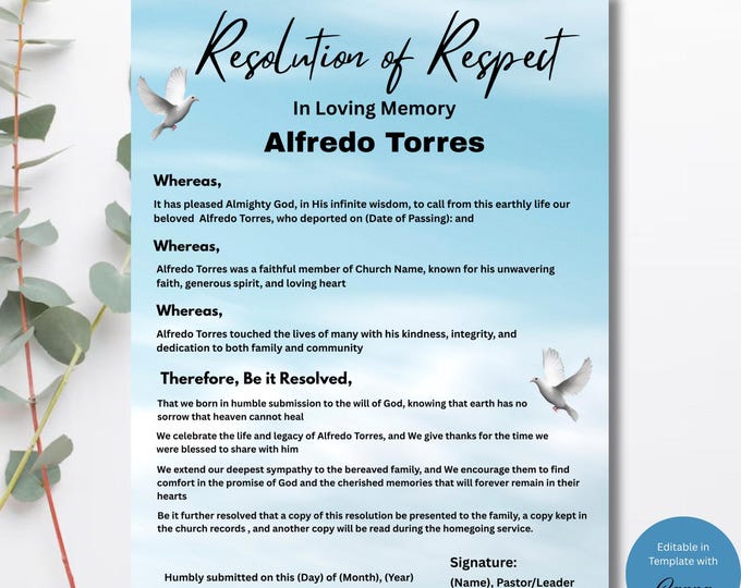Funeral Resolution Letter, Memorial Resolution, in Loving Memory ...
