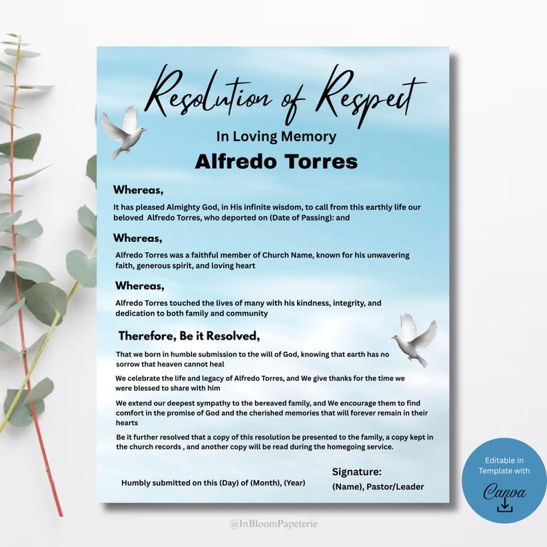 Funeral Resolution Letter Template, Editable Memorial Service Program ...