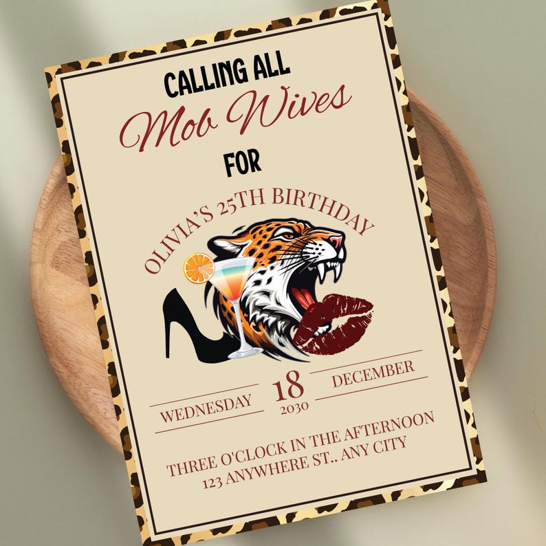 Mob Wife Birthday Invitation | Leopard Print, Las Vegas Glam (digital ...