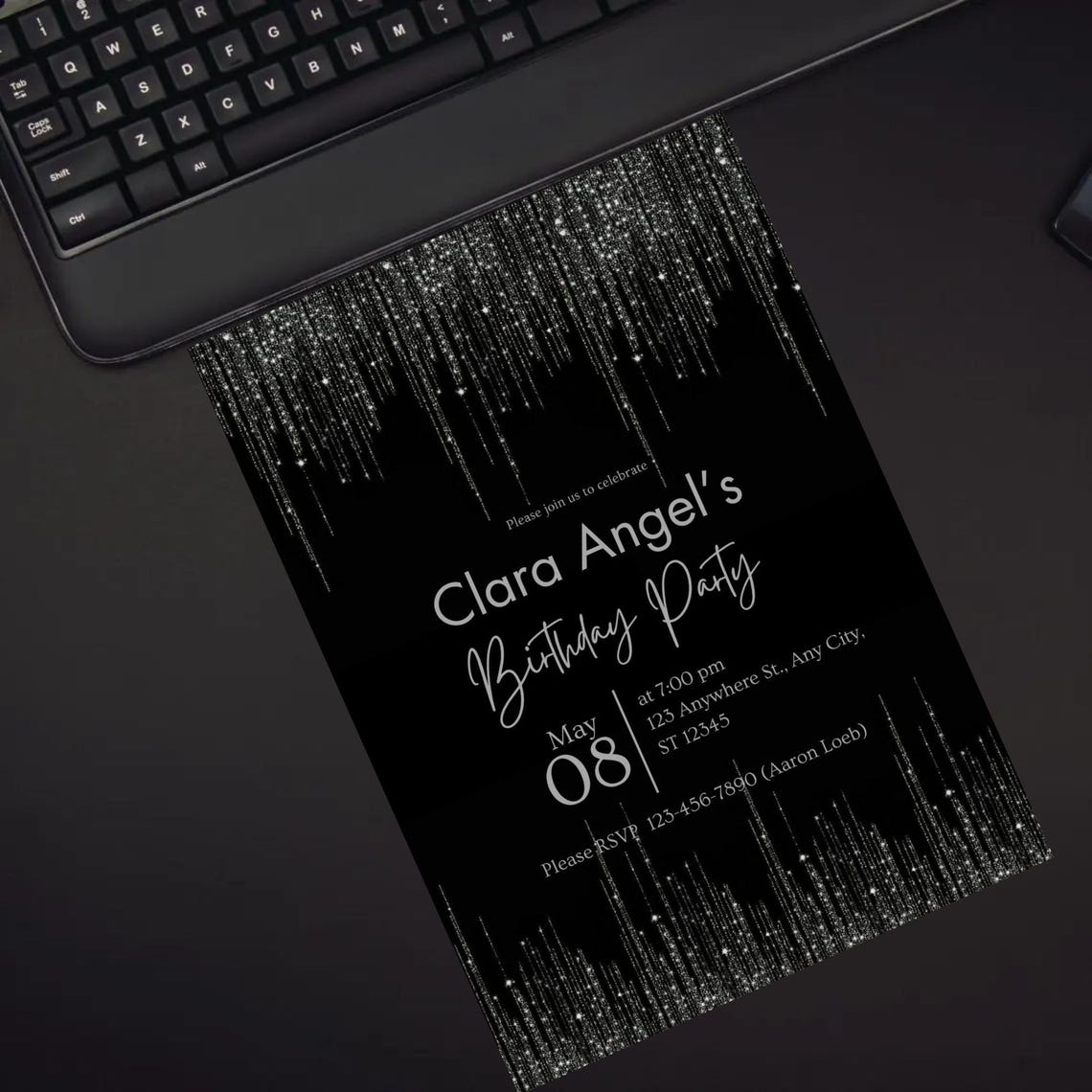 Editable All Black Birthday Invitation, All Black Glitter Invite ...