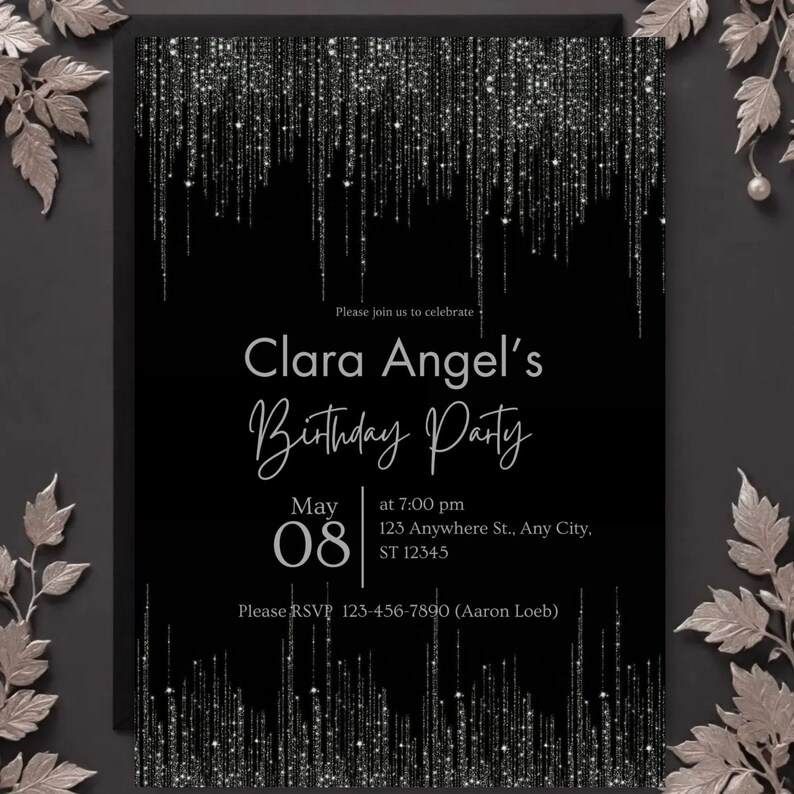 Editable All Black Birthday Invitation, All Black Glitter Invite ...