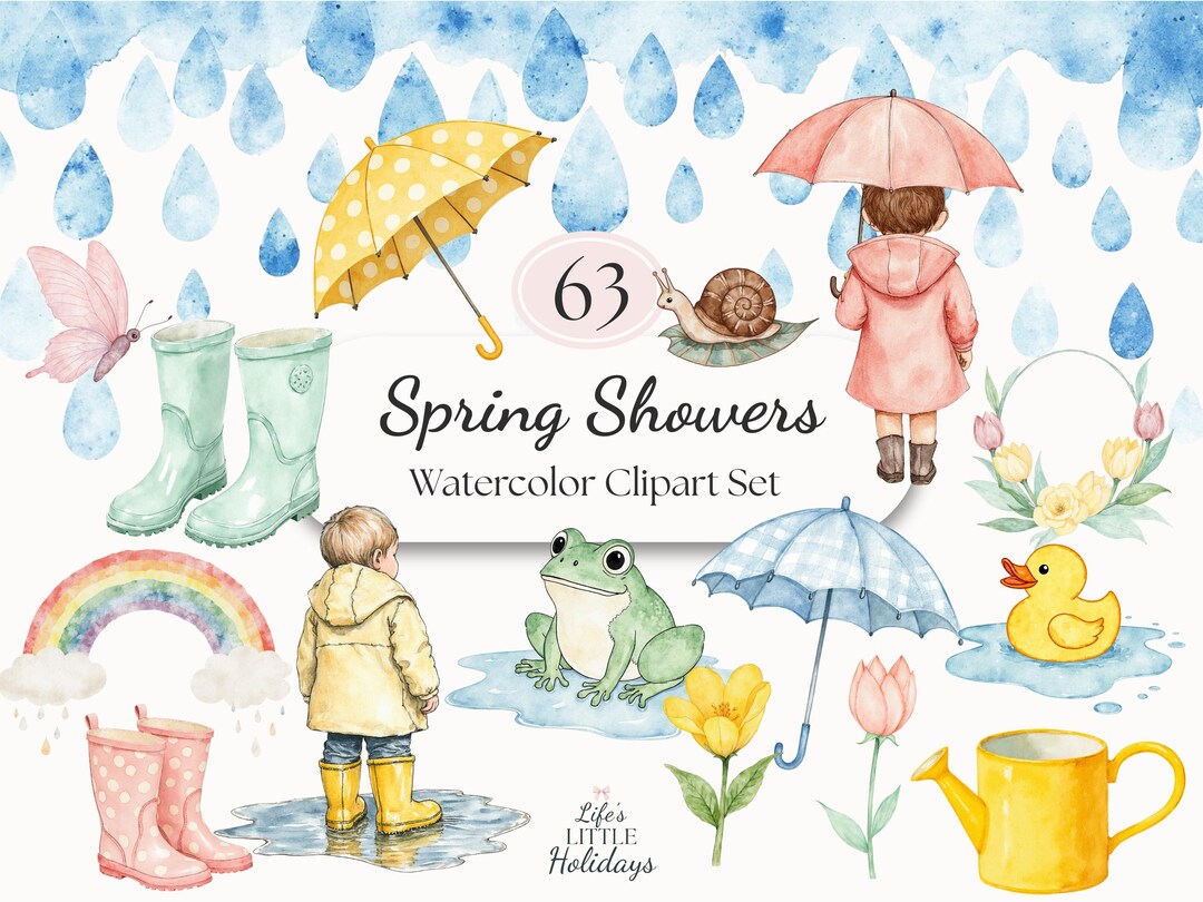 Spring Showers Watercolor Clipart Set | Spring Rain Pngs, Cute Rainy ...