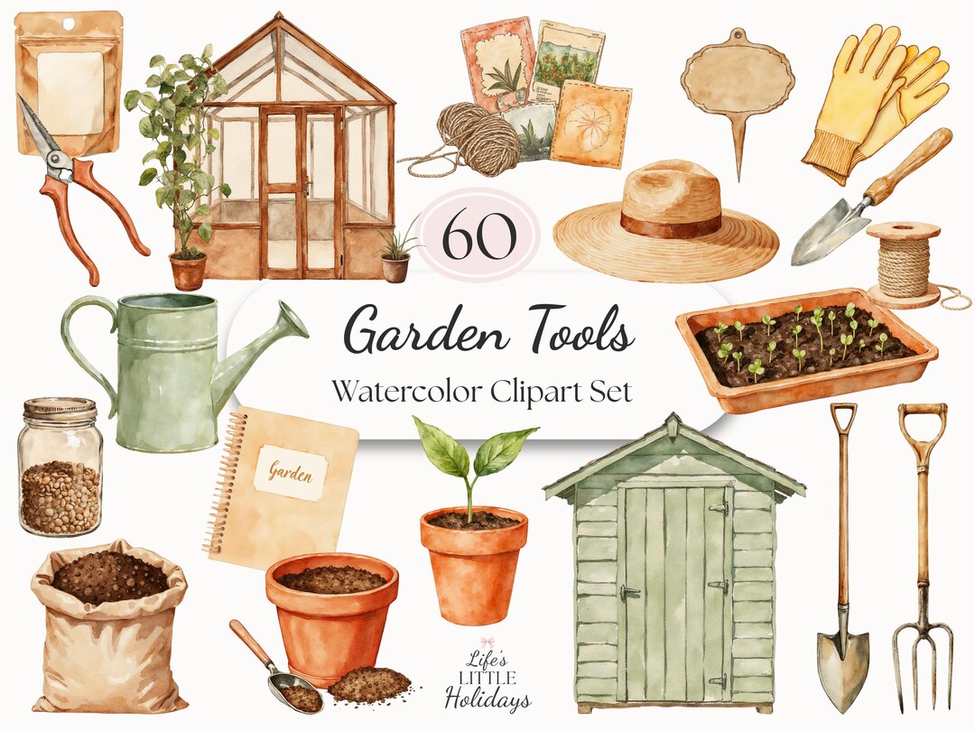 Garden Tools Watercolor Clipart Set | Vintage Gardening Pngs ...