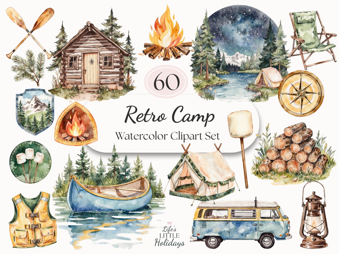 Retro Camp Watercolor Clipart Set | Vintage Camping Pngs, Canoe, Cabin ...