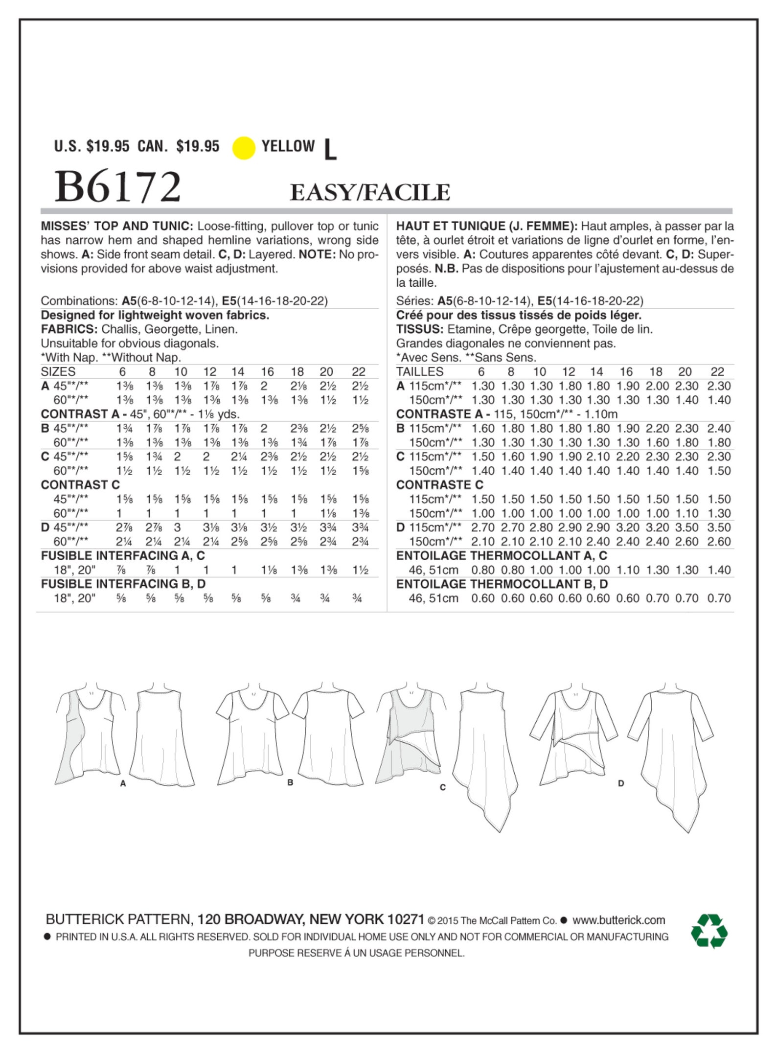 Butterick B5925 Sewing Pattern Misses' Top Layered Tunic - Etsy