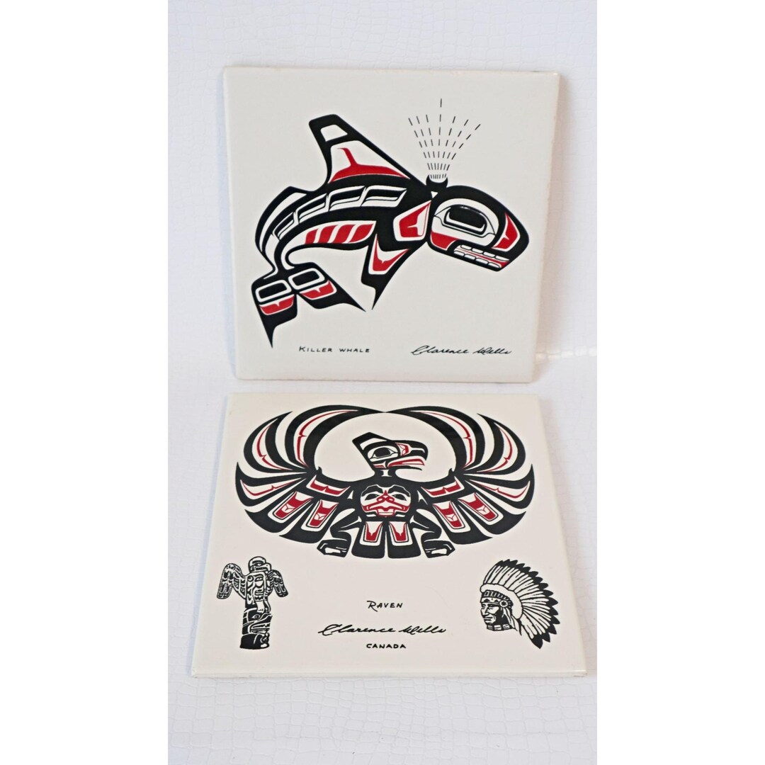 2 Indigenous Art Tile Hot Plates by Clarence Mills Killer Whale & Raven ...