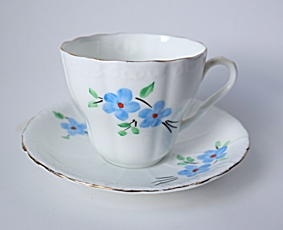Vintage Melba Teacup and Saucer Floral Blue & White Bone China Tea Cup ...