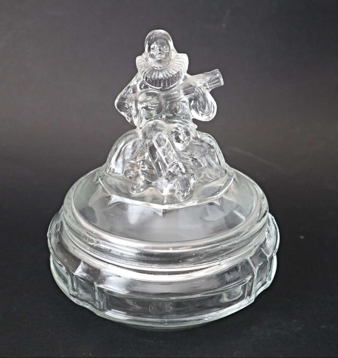 Vintage L E SMITH "minstrel" Clear Glass Powder Jar Covered Trinket Box ...
