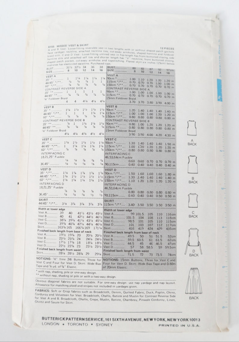 Vintage Butterick 6155 Sewing Pattern Misses' Vest & Skirt Uncut Size ...