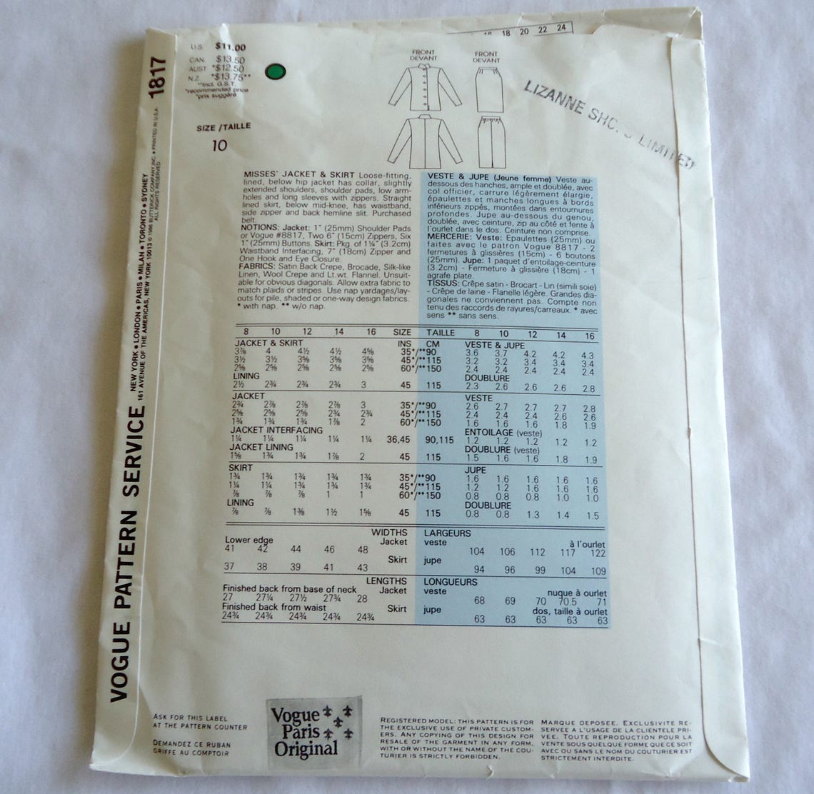 Vogue 1817 Sewing Pattern Paris Original Jacket & Skirt Designer Yves ...