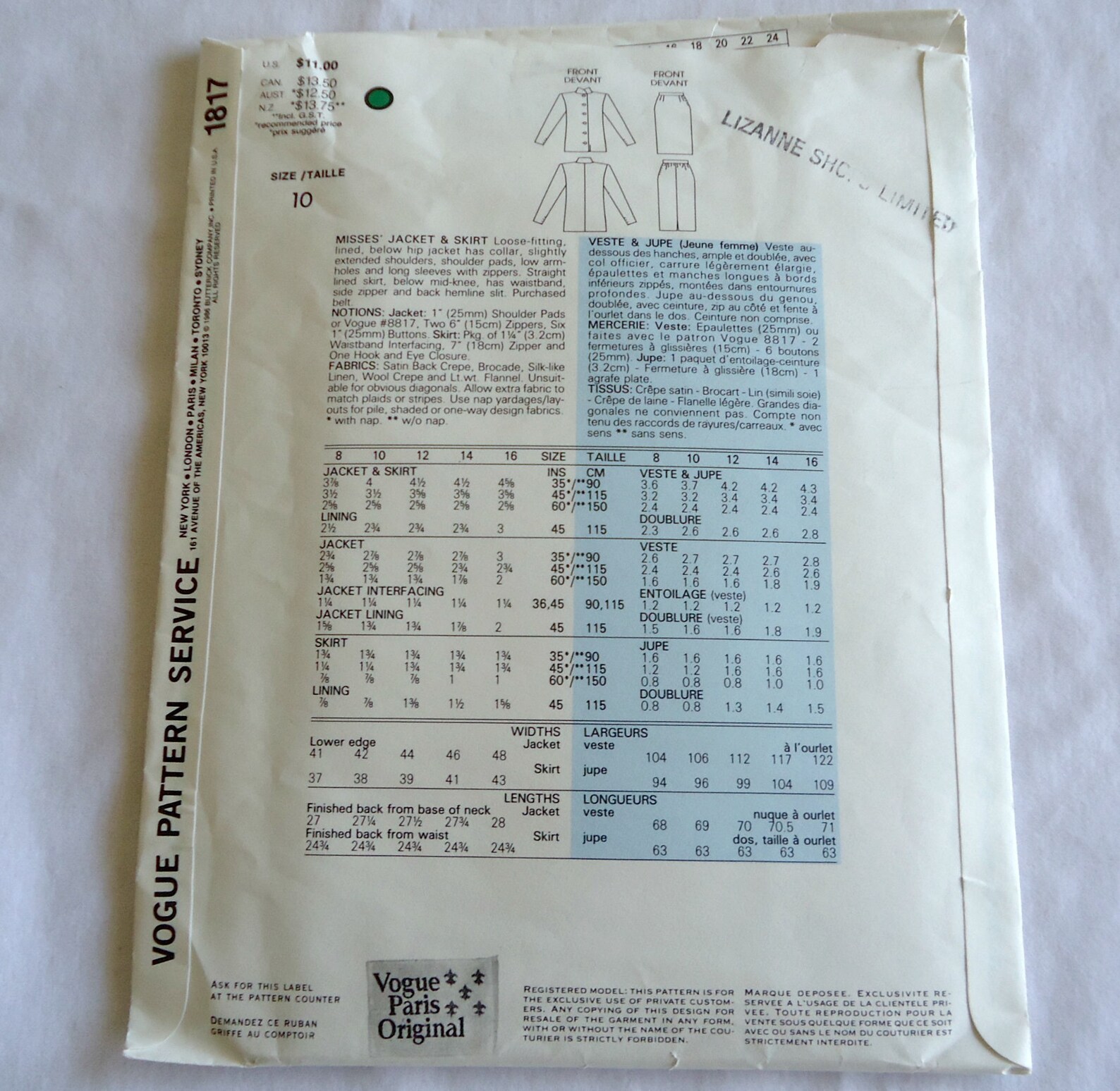 Vogue 1817 Sewing Pattern Paris Original Jacket & Skirt Designer Yves ...