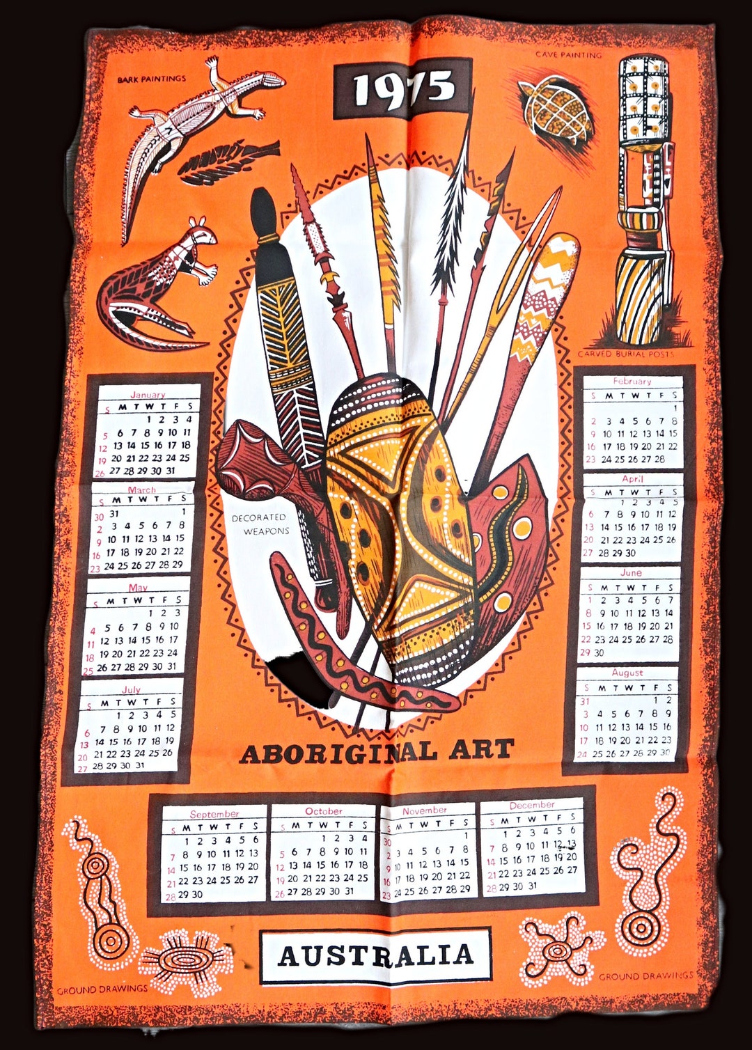 Retro Vintage Calendar 1975 Aboriginal Art of Australia Tea Towel ...