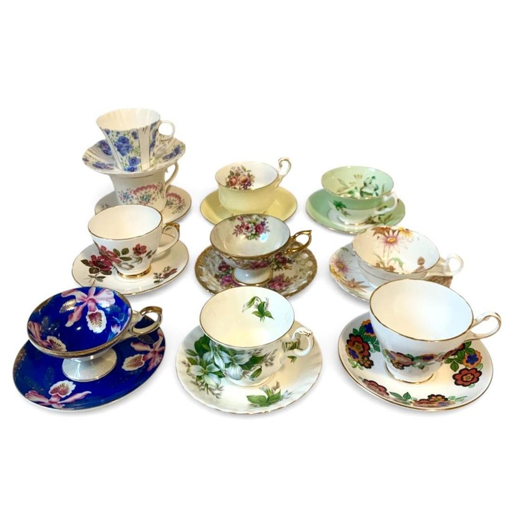10 Mismatched Tea Cups and Saucers Teacups Instant Collection Tea Party ...