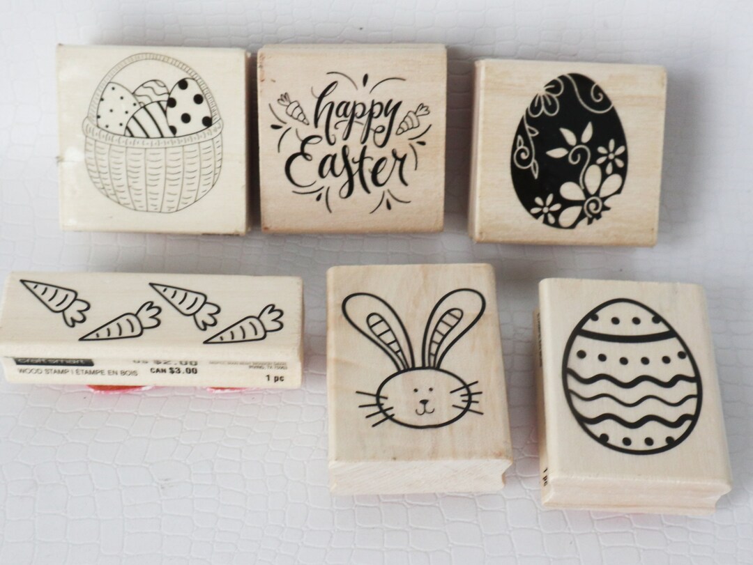 6 Vintage Rubber Stamps Easter Bunny Egg Basket of Eggs Carrots Happy ...