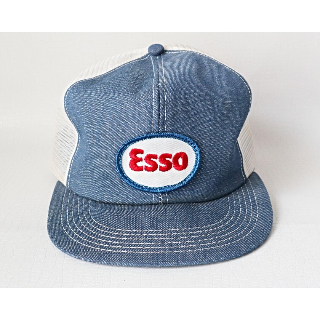 Vintage 70s 80s ESSO Oil & Gas Denim Trucker Hat K-brand Snapback Mesh ...