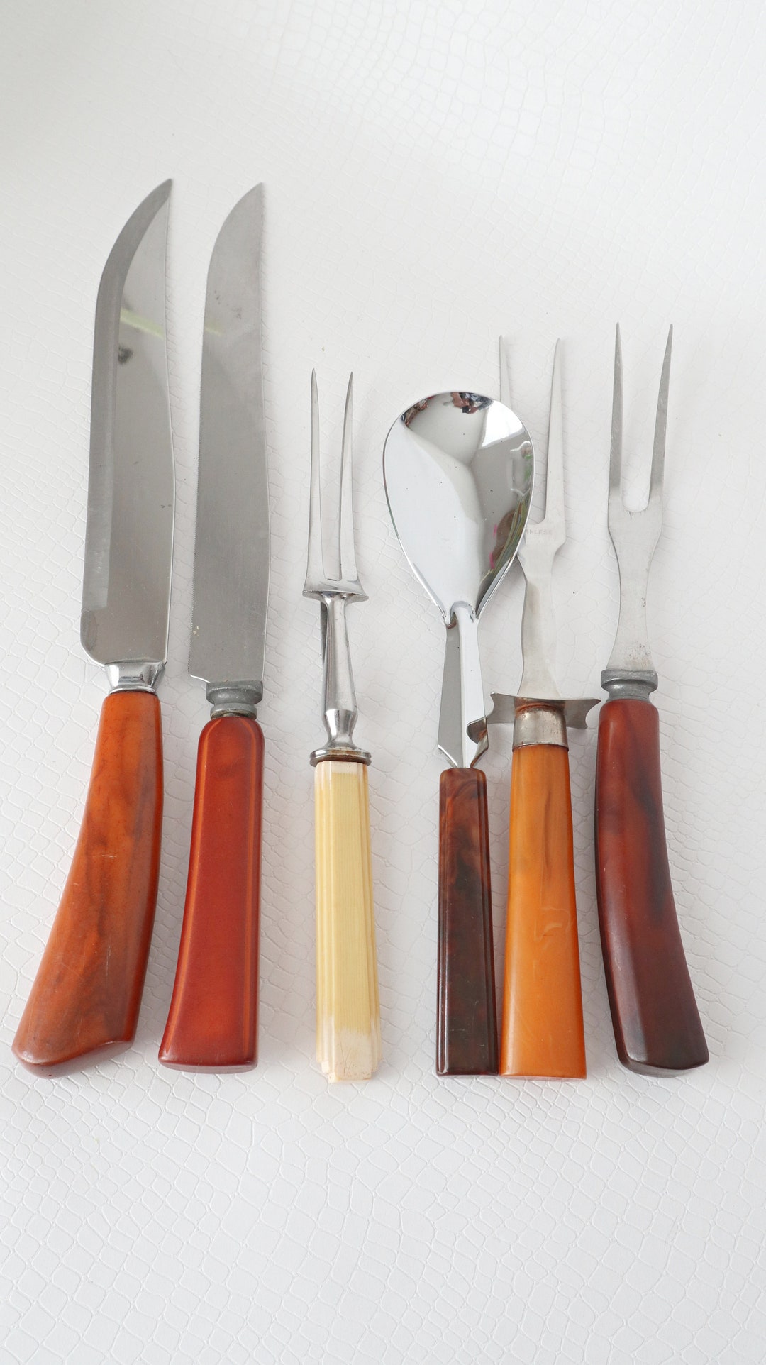 Vintage 6 Bakelite Utensils Meat Forks Carving Knife Spoon Knife Large ...