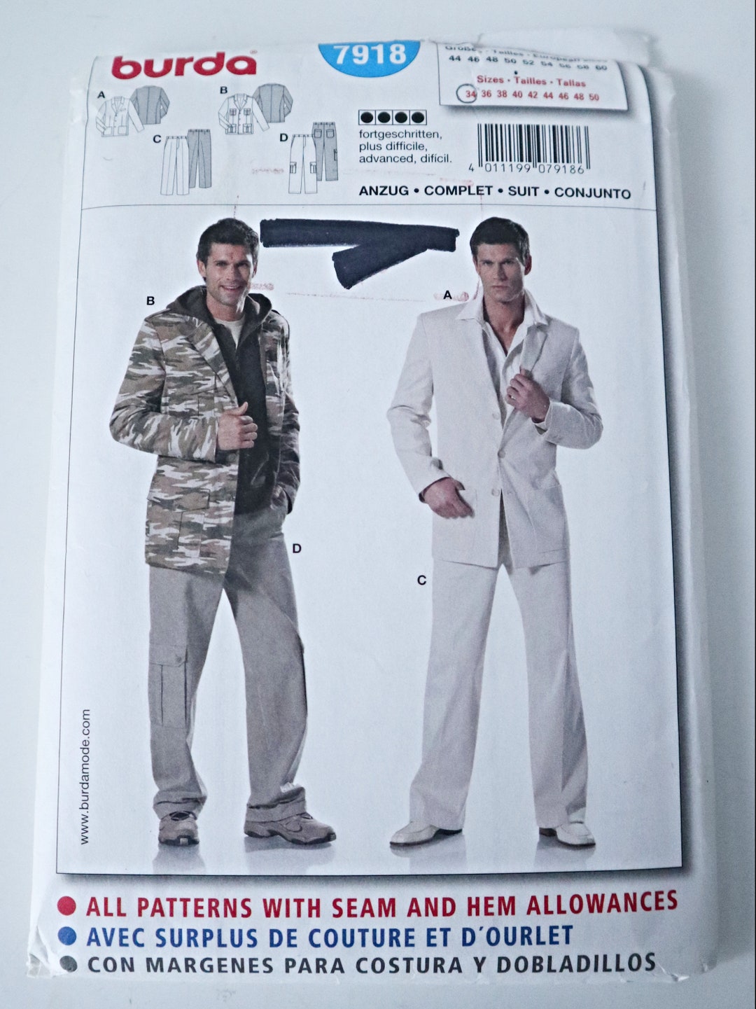 Vintage Burda 7918 Sewing Pattern Mens Business Casual Jacket and Pants ...
