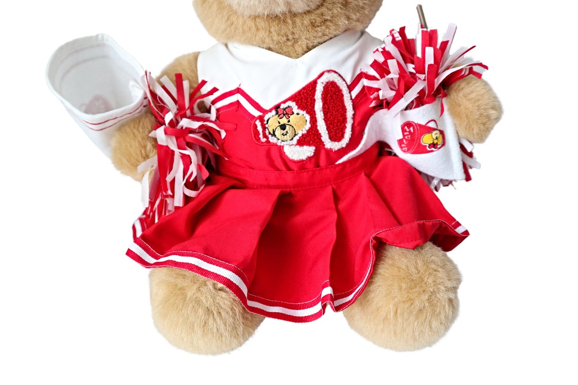 Vintage Build A Bear Cheerleader Bear Red White Cheer Outfit Pom Poms ...