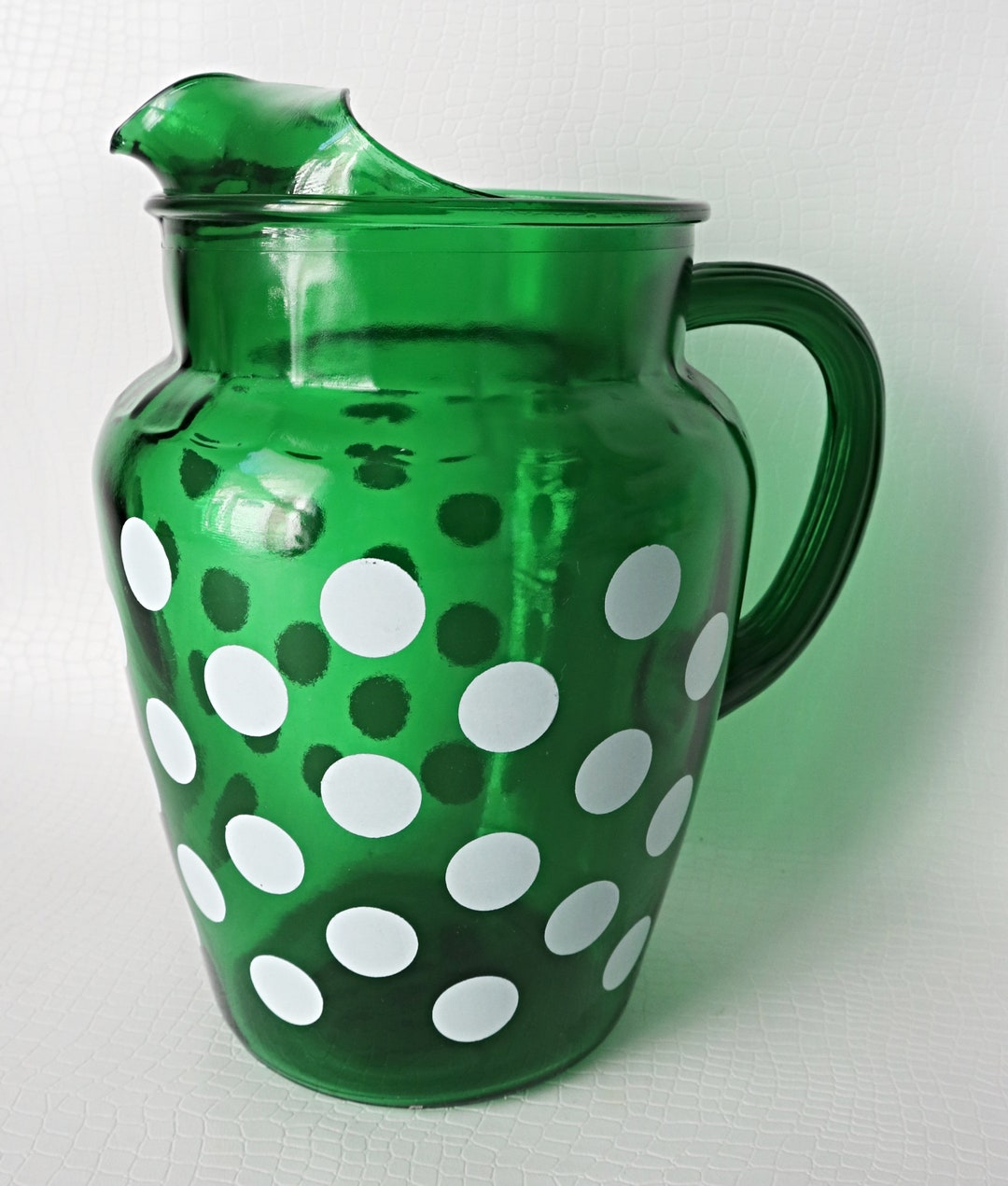 Vintage Fire King Large Forest Green White Dots Pitcher With Ice ...