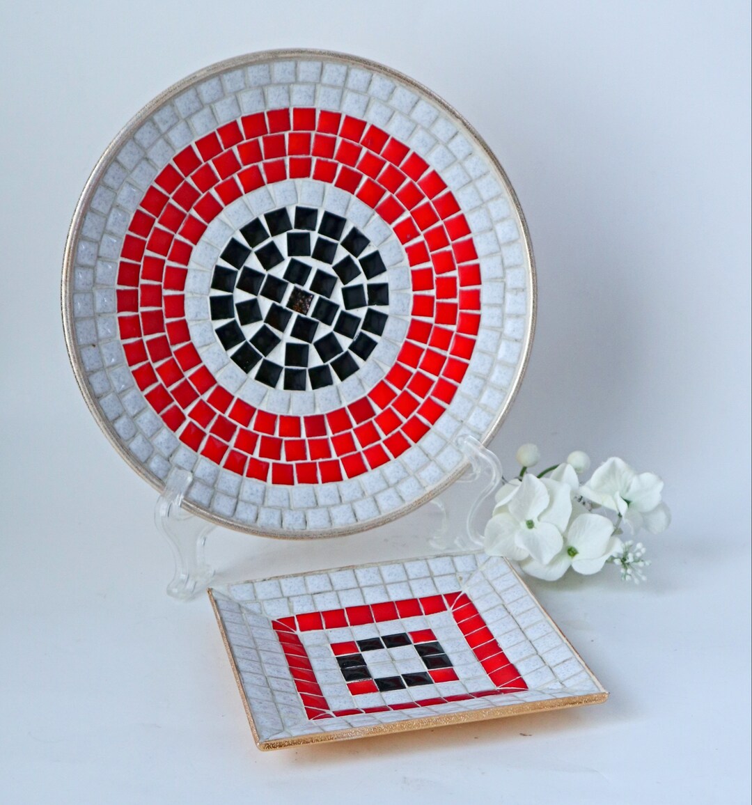 2 Vintage Mosaic Tile Plates Retro Round Square Ashtray Trinket Dish ...